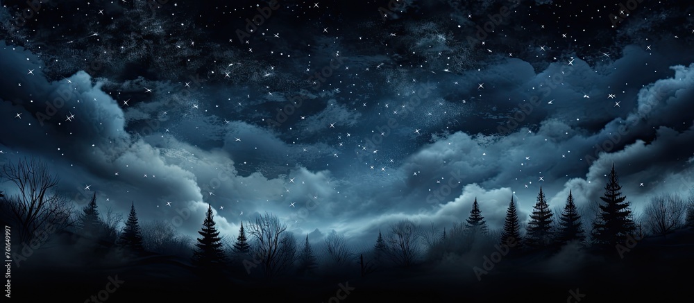 A midnight sky with cumulus clouds and twinkling stars over a forest ...
