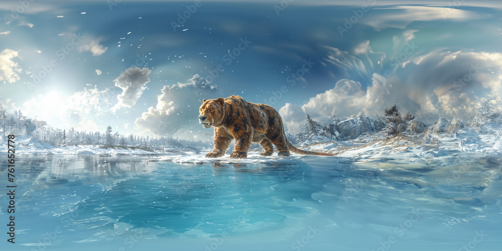 Sabre-tooth cat Smilodon, Ice age era extinct animal, 8K VR 360 ...