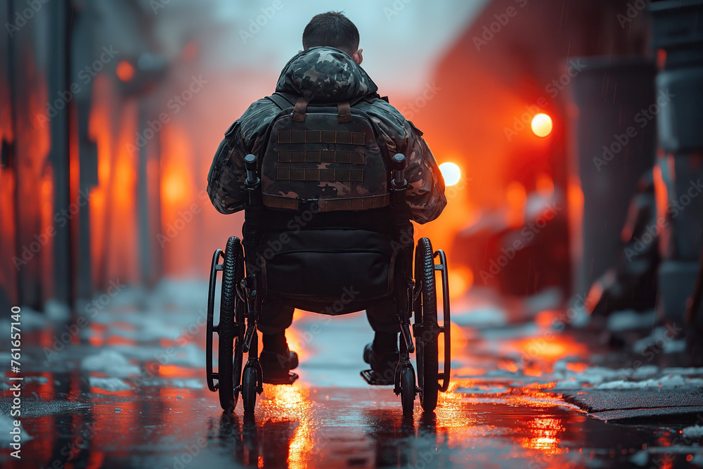 back of a lonely military disabled soldier man in a invalid wheelchair ...