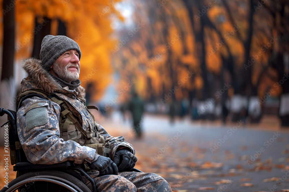 portrait of old elderly military veteran disabled man in a invalid ...