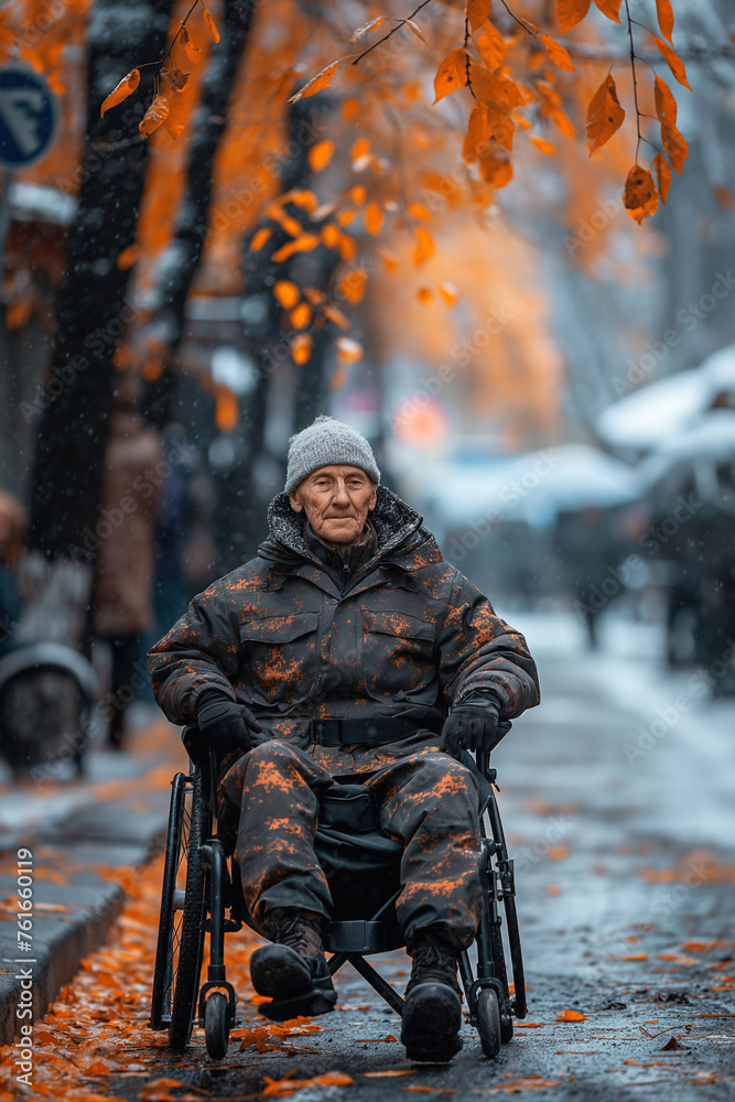portrait of old elderly military veteran disabled man homeless in a ...