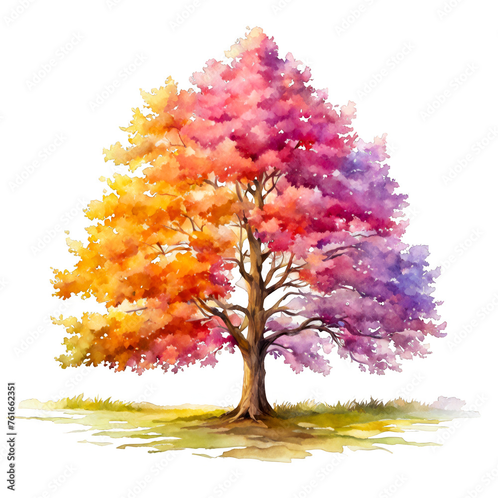 Watercolor illustration of colorful tree on white background, cutout ...