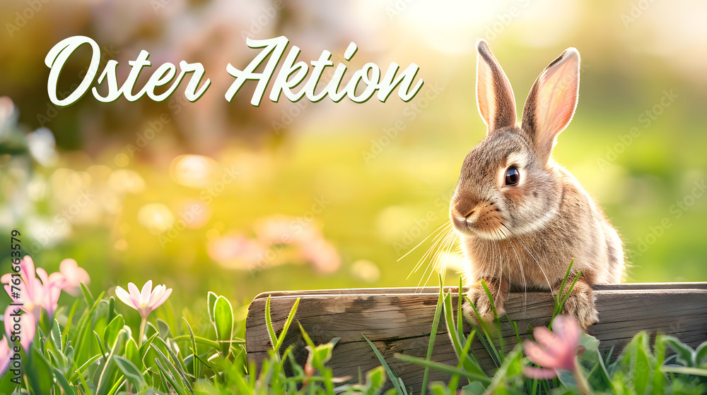 "Oster Aktion" text in German. Image of bunny sitting on a wooden banner with a spring meadow as ...