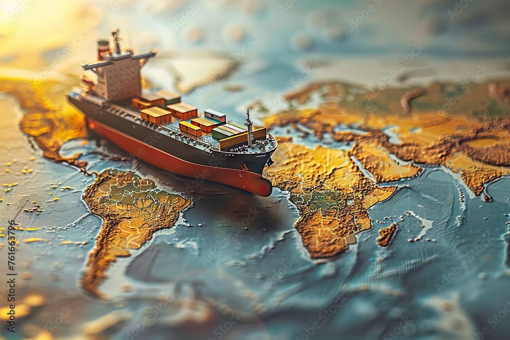 Global Trade Routes A Model Container Ship Navigating a World Map ...
