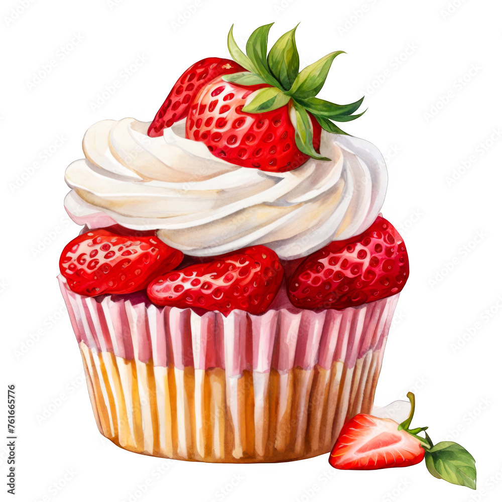 Strawberry cupcake watercolor illustration, sweet treat, dessert, snack ...