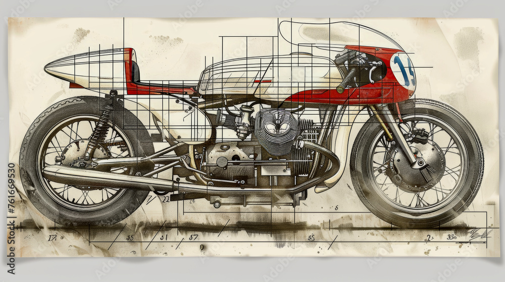 Technical drawing blueprints background, of a concept red motorcycle ...