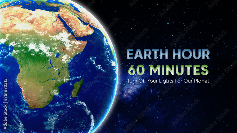 Earth hour banner. Planet Earth in outer space. Turn off your lights ...