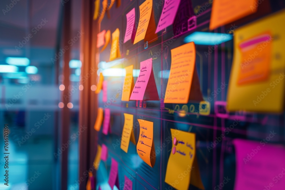 A brainstorming session with digital post-it notes on a smart board ...