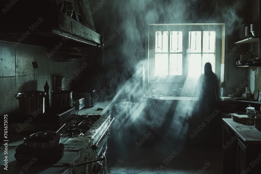 A person is standing in a dimly lit kitchen as smoke billows out of the ...