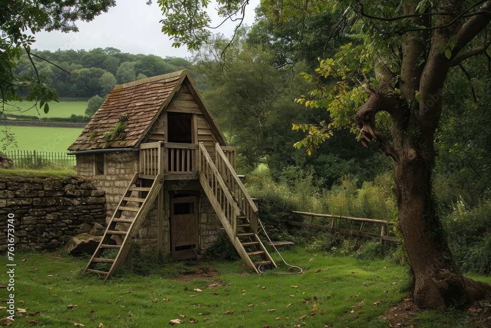 A small wooden structure with a ladder leading up to it in a rustic ...