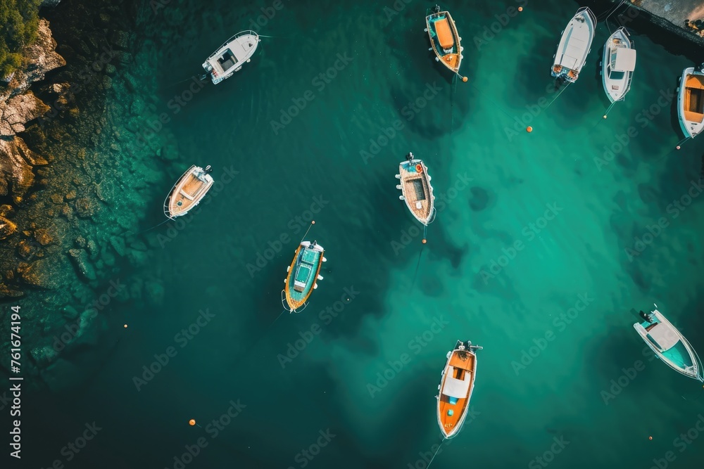 A group of various boats floating on top of a calm and glistening lake ...