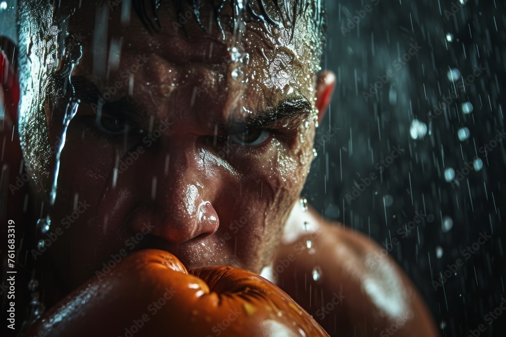 A man wearing boxing gloves stands in the rain, ready to engage in ...