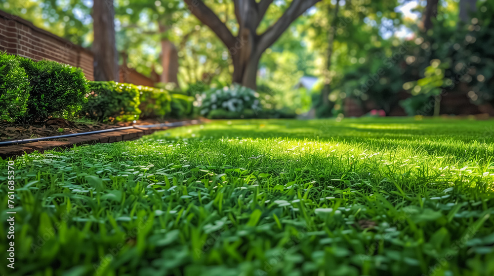 Lush green grass close-up in a well-maintained backyard, bordered by ...