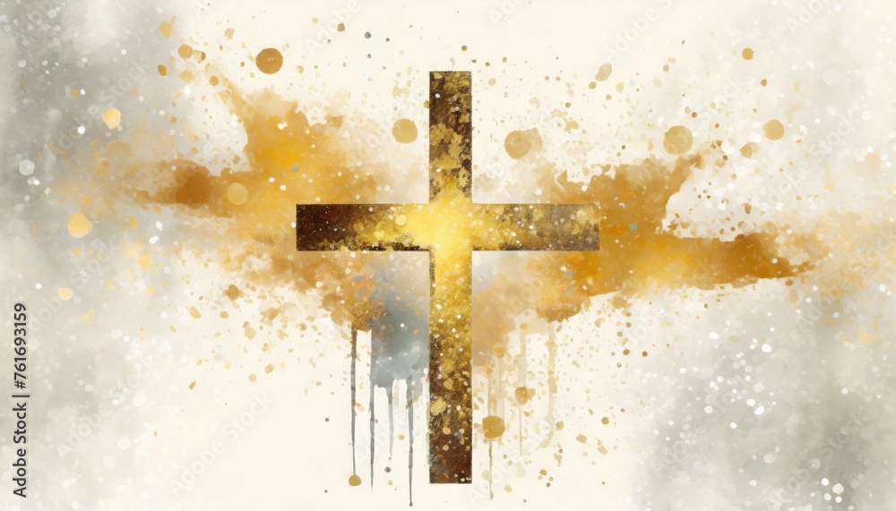 Abstract artistic rendition of a cross with a vibrant gold and white ...
