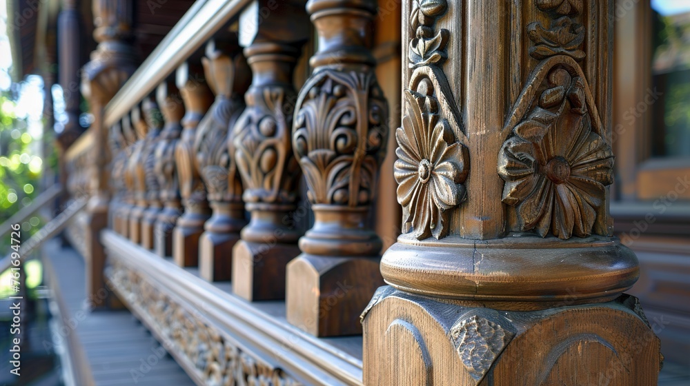 The intricate details of a craftsman-style home's front porch railing ...
