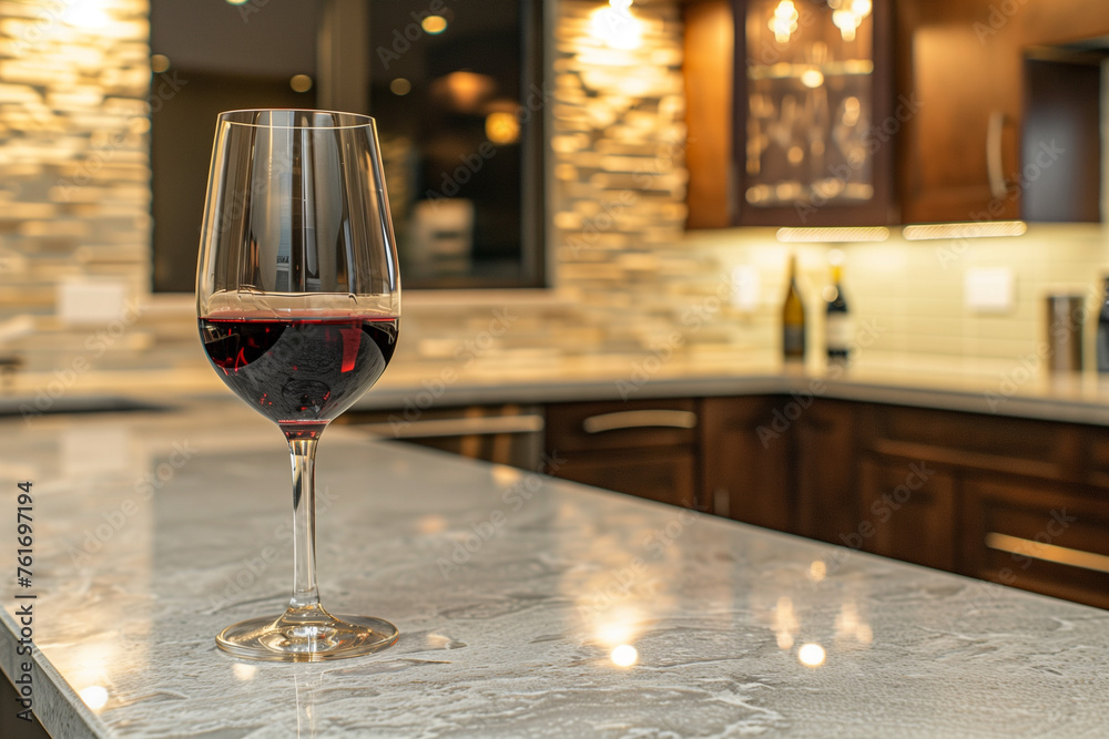 a glass of red wine on the bar counter in front view with beautiful ...