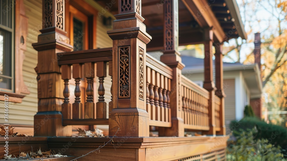 The intricate details of a craftsman-style home's front porch railing ...