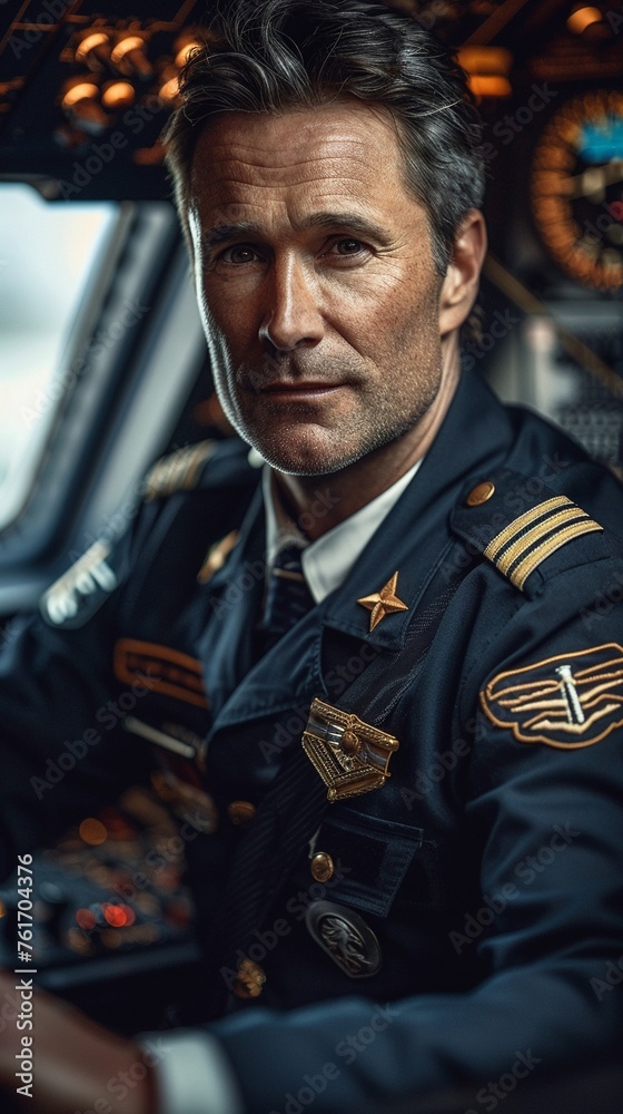 Portrait of a seasoned caucasian commercial airplane pilot, man in ...