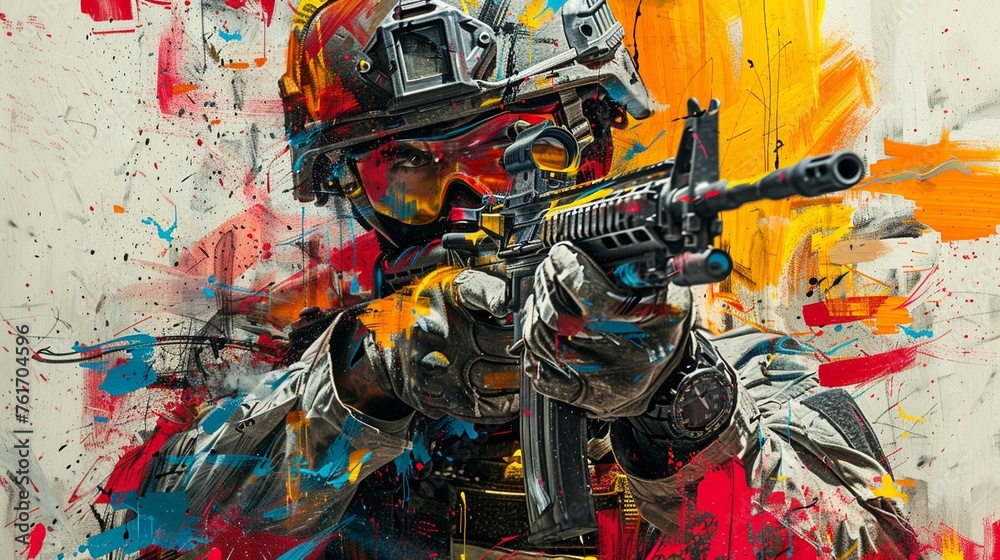Soldier in graffiti art style, holding a gun, military theme with urban ...