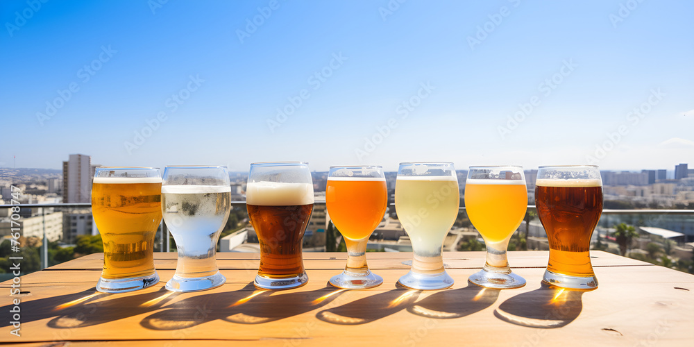 An assortment of seven different beers, each in its unique glass ...