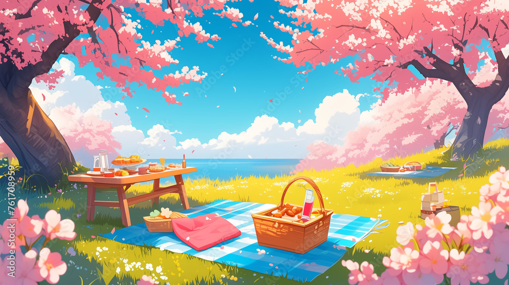 anime illustration of cherry blossom trees with picnic blankets and ...