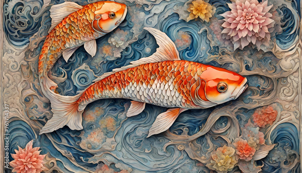 Colorful koi carp striped tail in motion underwater, Painting of a koi ...