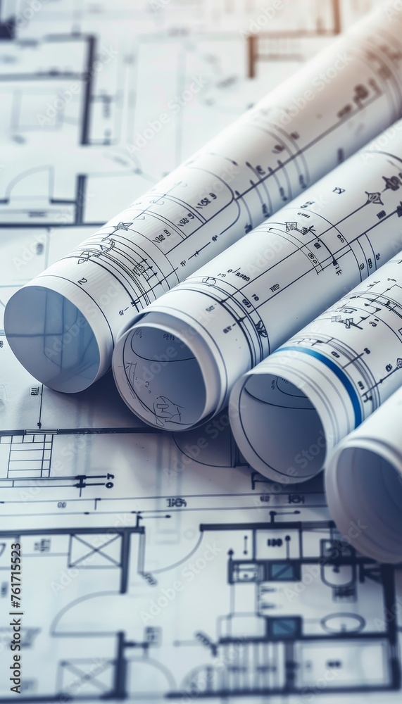 Architectural blueprint with architect rolling technical project ...