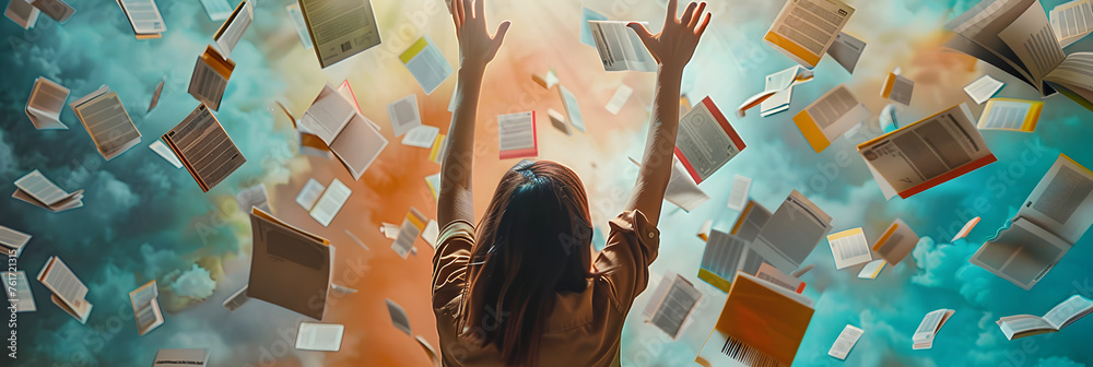 Happy businesswoman throwing papers in the air as a sign of victory and ...