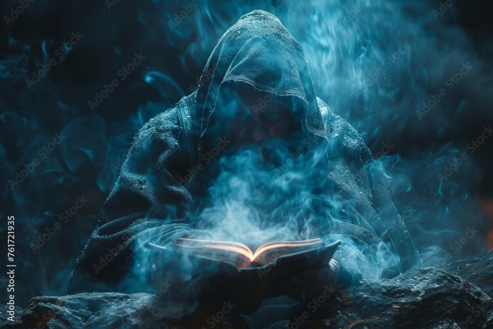 An enigmatic person shrouded in a hood absorbed in reading a book among ...