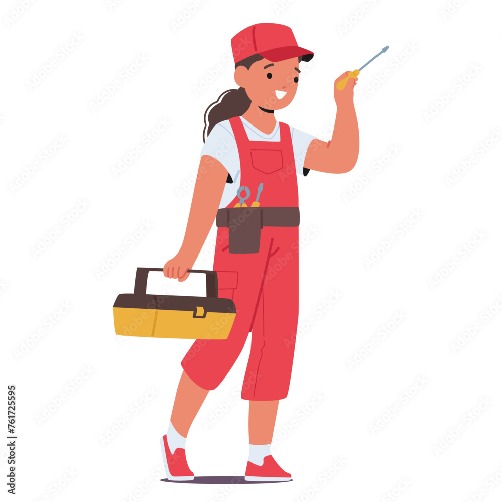 Young Girl Dons A Handyman Costume, Complete With A Toolbox and ...