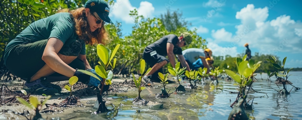 In the coastal reforestation project, volunteers plant mangrove trees ...