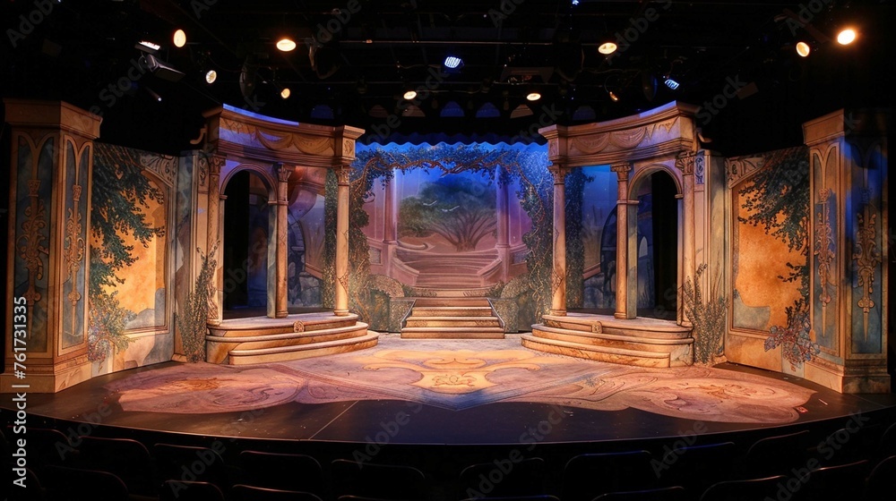 1A stage design inspired by traditional theater sets, with painted ...