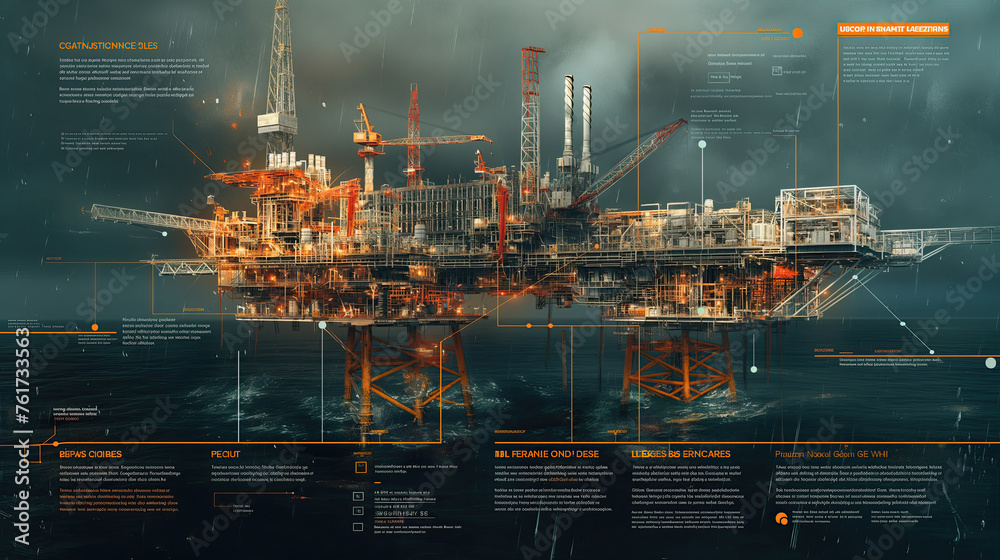 A vibrant infographic image showing an offshore oil platform with ...