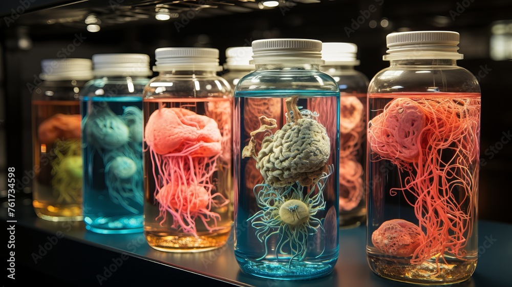 glass medical jars with multi-colored neurobiological anatomical organs ...