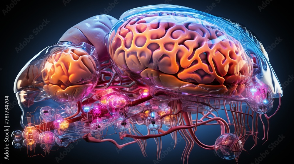 backlit illustration of a human brain depicting neural connections and ...