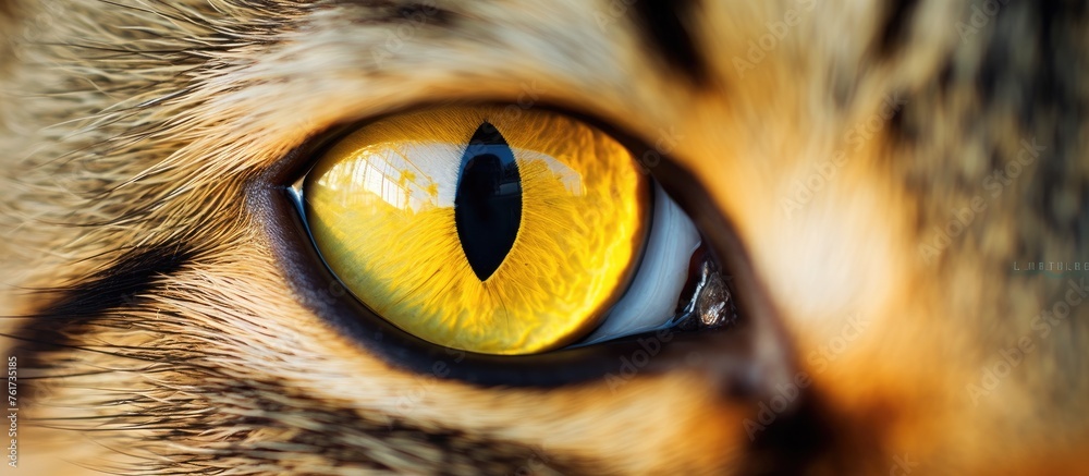 A close up of a cats yellow eye, with whiskers and a nose visible. The ...