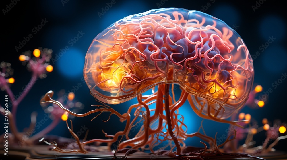 backlit illustration of a human brain depicting neural connections and ...