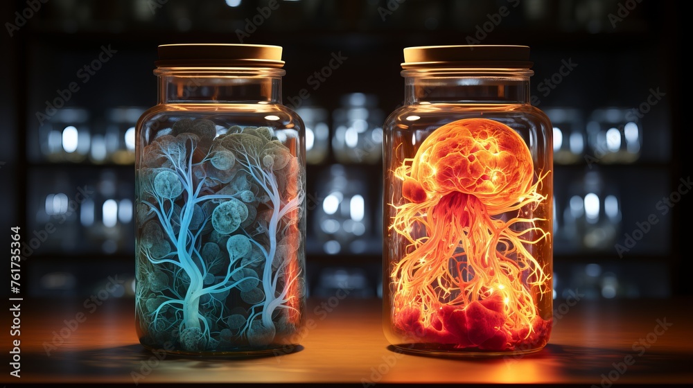 glass medical jars with multi-colored neurobiological anatomical organs ...