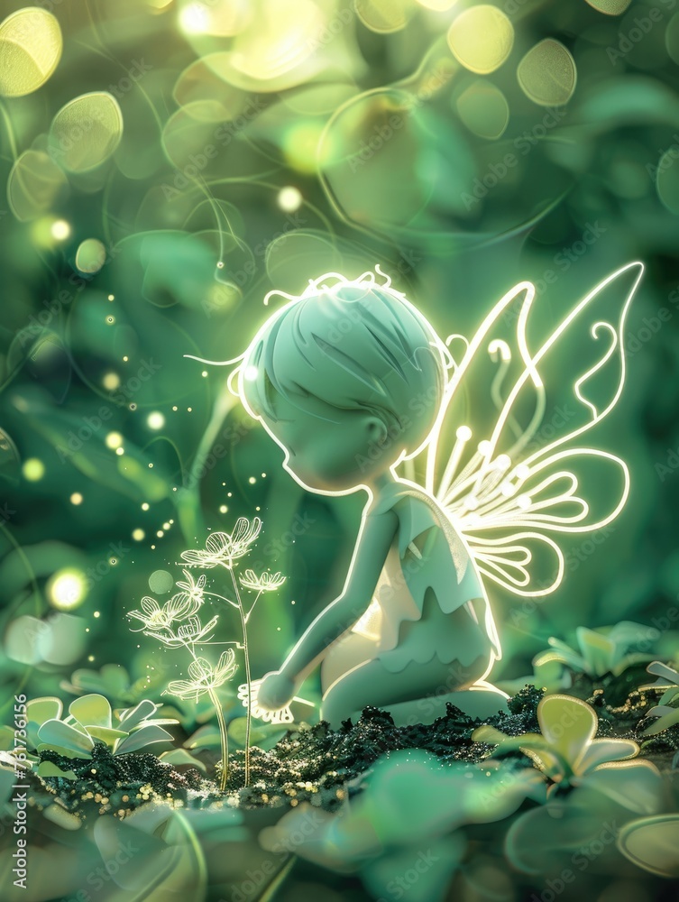 Enchanted fairy child in glowing forest - A whimsical illustration of a ...
