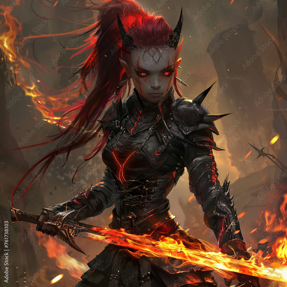 Menacing female Thiefling adorned with black and red tribal hair and a ...