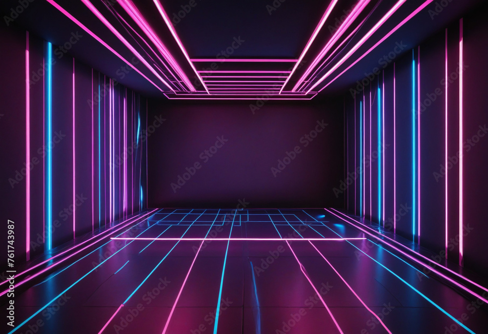 Neon light abstract background. Neon glowing lights stage with 80s ...