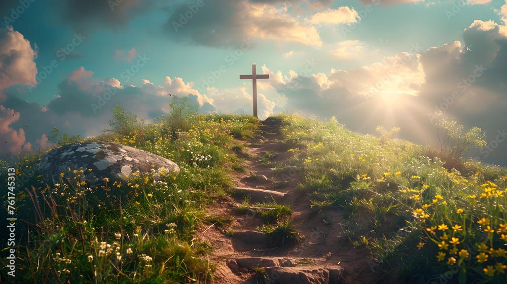 Path with stairs leading to Christian cross on hill. Happy Easter ...
