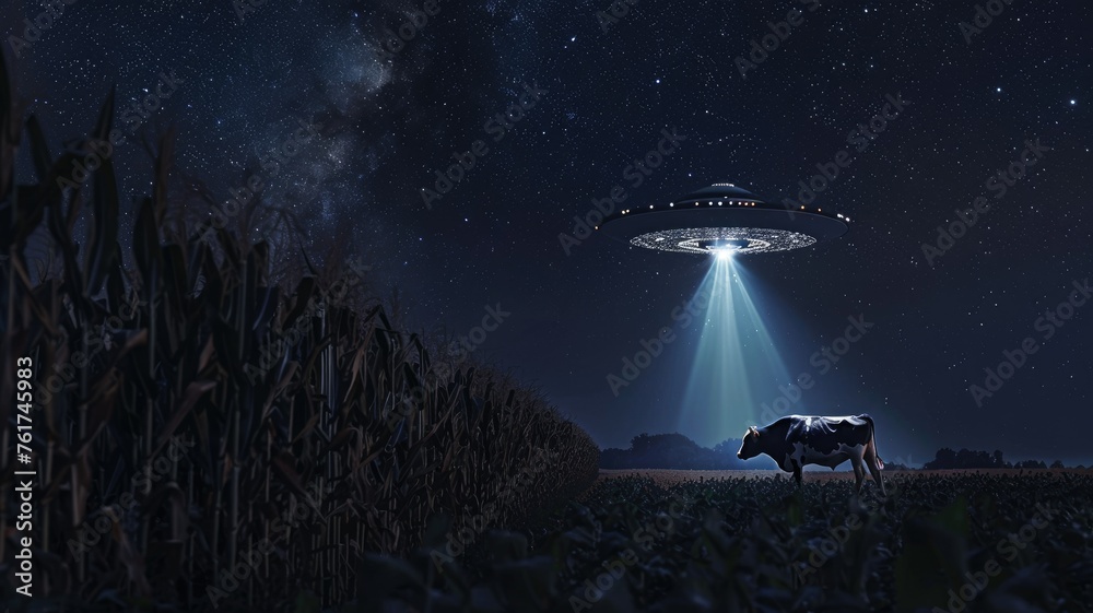 UFO beaming light over cow in nighttime cornfield - Surreal scene with UFO using tractor beam on ...