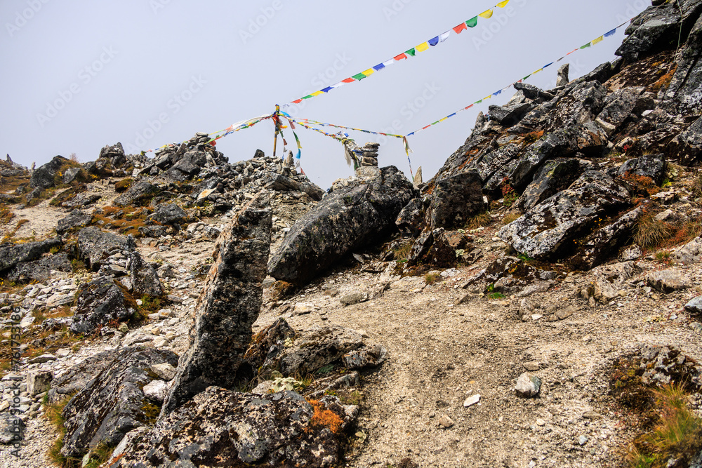 Reaching a high pass (4,640 m) with prayer flags on the trek from ...
