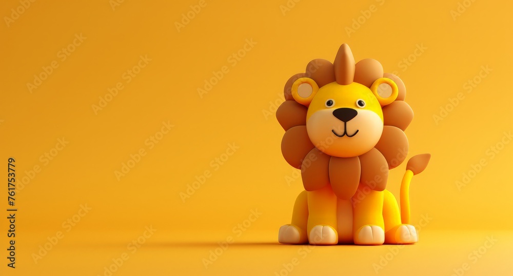 A toy lion figurine is seated on top of a vibrant yellow surface ...
