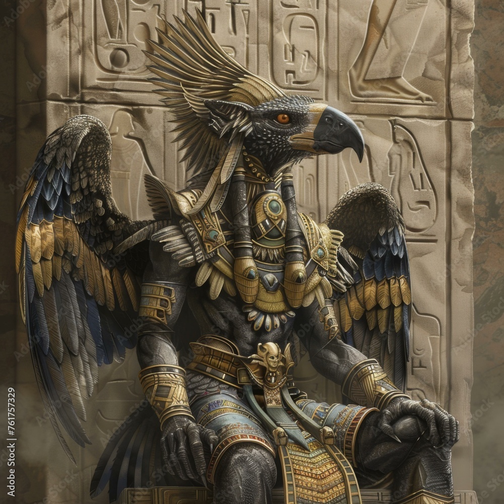 Egyptian deity Ra depicted as an anthropomorphic bird adorned in ...