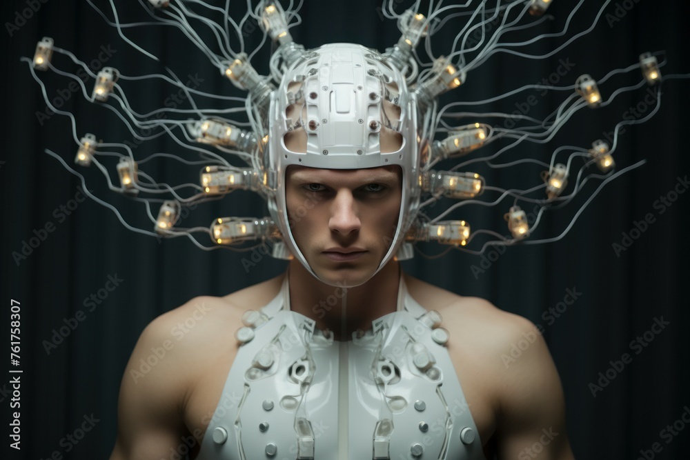 High-tech Man with brain electrodes futuristic helmet. Human ...