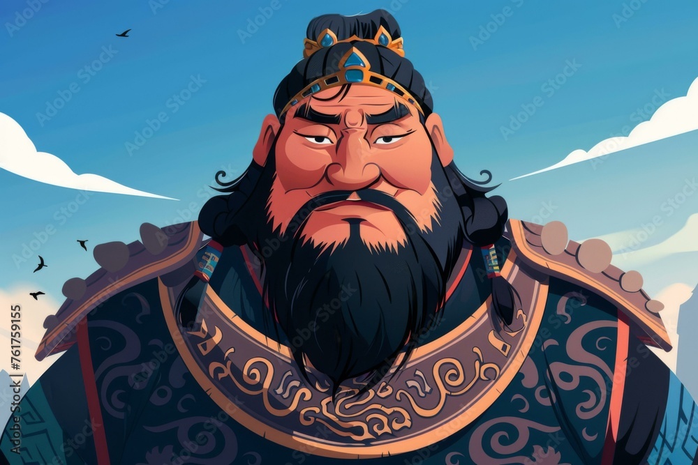 Cartoon illustration of Genghis Khan as a Mongol Emperor in historical ...
