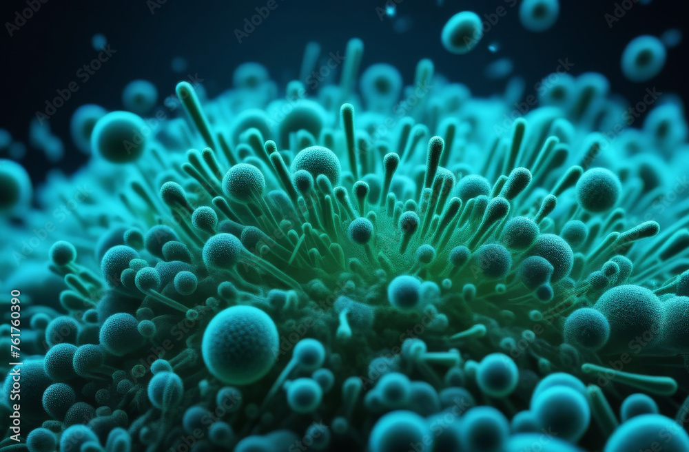 Colorful macro virus close up illustration. Microscope bacteria with ...