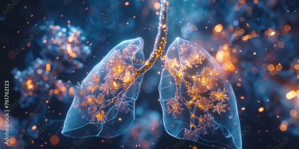 Ethereal 3D rendered lungs with golden particles, depicting a fusion of ...